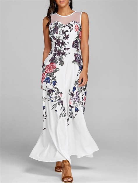 OFF Floral Print Mesh Panel Maxi Dress Rosegal