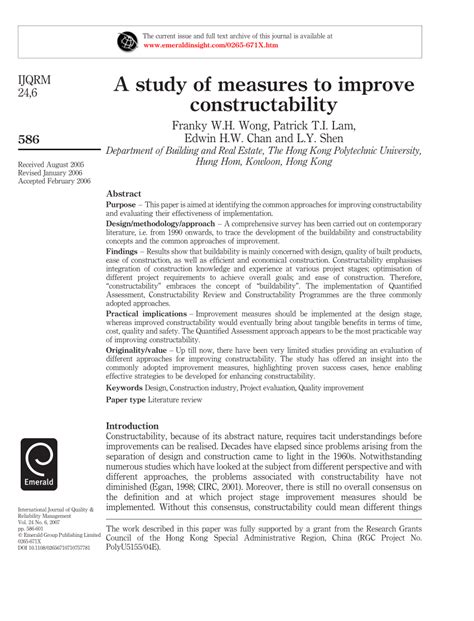 Pdf A Study Of Measures To Improve Constructability