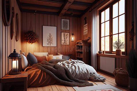 Rustic Interior Of Log Cabin Bedroom In Chalet Stile Double Bed By Big