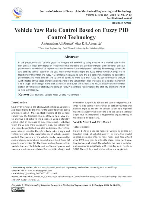 Pdf Vehicle Yaw Rate Control Based On Fuzzy Pid Control Technology