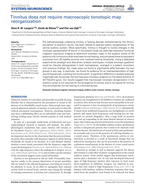 Pdf Tinnitus Does Not Require Macroscopic Tonotopic Map Reorganization
