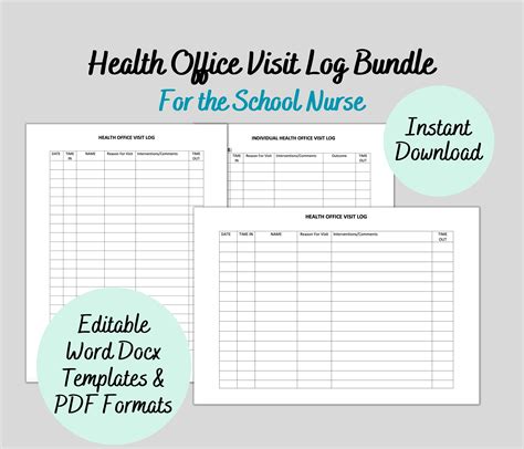 School Nurse Office Visit Template Bundle Health Office Log Printable