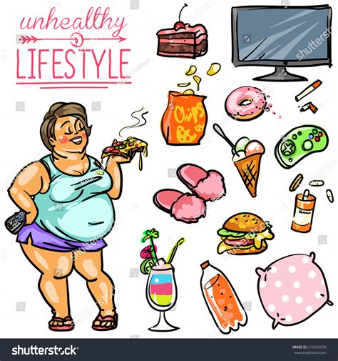 Unhealthy Lifestyle Hand Drawn Cartoon Collection Stock Vector Illustration 215055979