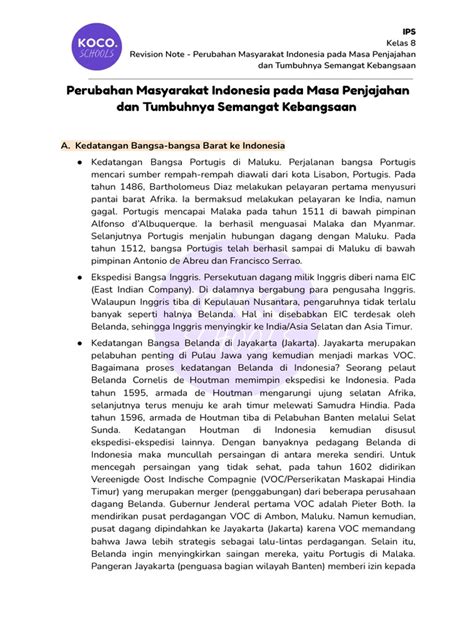 Revision Note Ips Kelas 8 Perubahan Masyarakat Indonesia Pada Masa