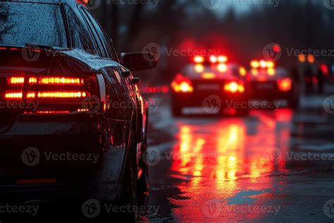 The Police Cars With Flashing Lights In An Emergency Scene At Night