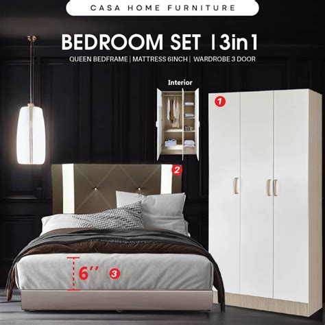 Siap Pasang Bedroom Set 3 Door Wardrobe Set Bilik Divan Katil