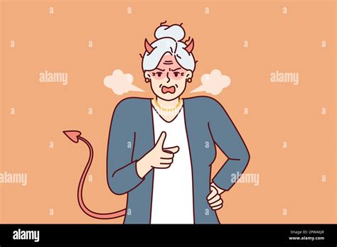 Elderly Woman With Horns And Devil Tail Screams And Points With Finger