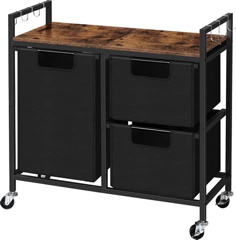 Oumilen 3 Bin Rolling Laundry Sorter With Wood Shelf Black