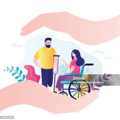 장애인 목발다리가없는 남성 캐릭터 귀여운 여자가 휠체어에 앉아있다 장애인 간호 및 장애인 보호의 개념 개념에 대한 스톡 벡터