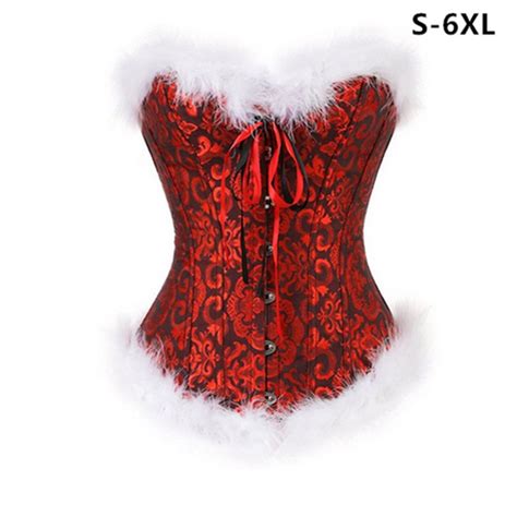 White Fur Trimmed Corset Sexy Dancewear Costumes Body Shaper Sexy Red