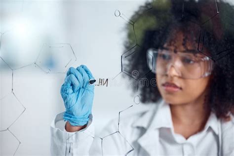 Woman Science And Writing Equation On Glass Problem Solving And Scientist In Laboratory For