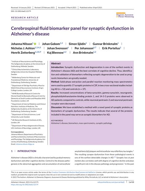 Pdf Cerebrospinal Fluid Biomarker Panel For Synaptic Dysfunction In