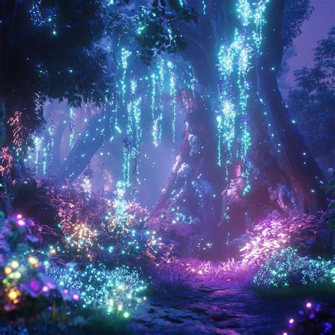 A Purple And Blue Forest With Lights And Trees In The Background