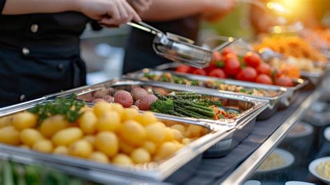 A Person Serving Fresh Colorful Vegetables From A Buffet Spread During