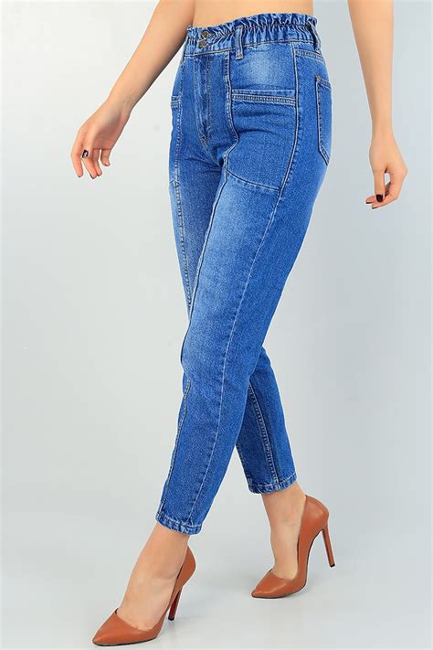 Mavi Beli Lastikli Mom Bayan Kot Pantolon ModamızBir Modamizbir