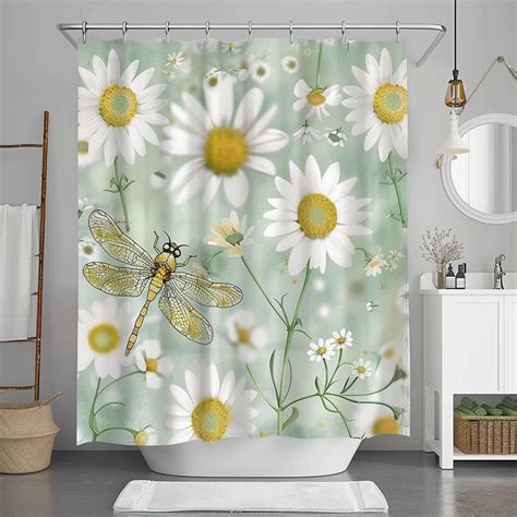 Boho Dragonfly Daisy Shower Curtain Set Modern Bathroom Decor With