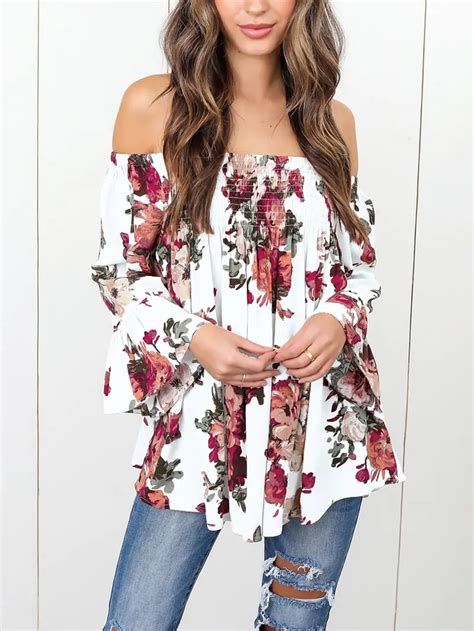 Floral Print Shoulder Blouses Ladies Long Sleeve Blouses Temu