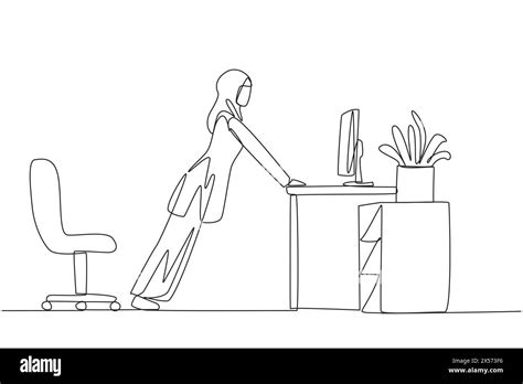 Single One Line Drawing Arabian Woman Do Push Up Movements By Holding Edge Of Work Table