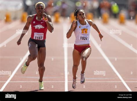 Jada Baylark Of Arkansas And Celera Barnes Of Usc Prepare For The Lean At The Finish Of The 100