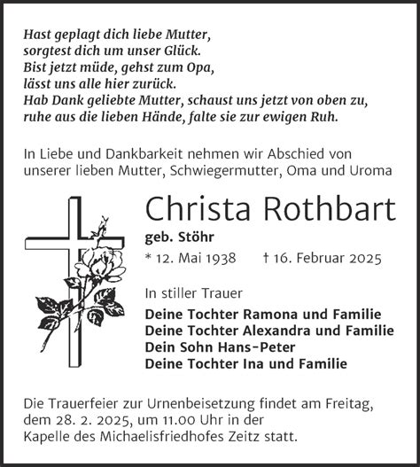 Traueranzeigen Von Christa Rothbart Abschied Nehmende