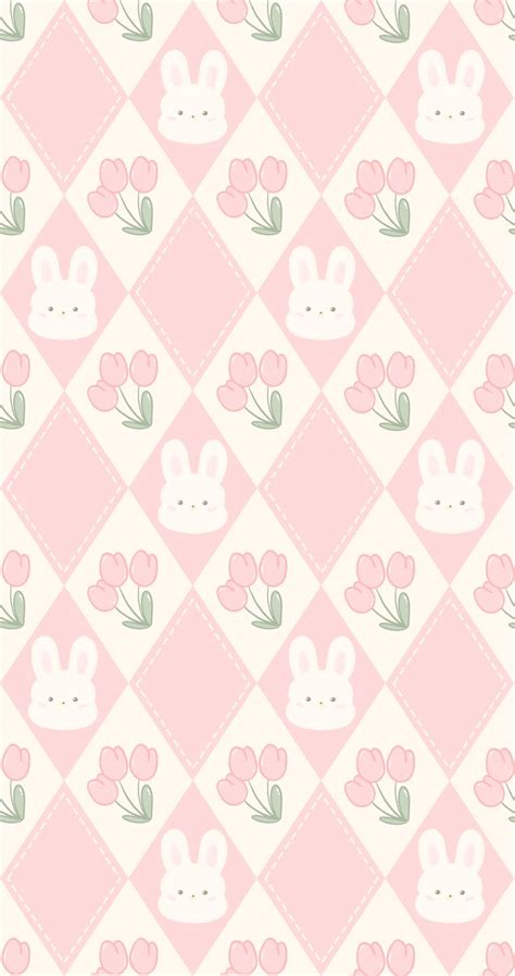 Cute Bunny Pattern Background With Pink Flowers