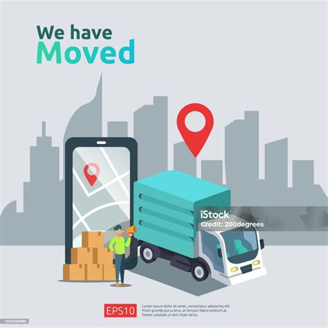 벡터 일러스트 개념을 이동했습니다 방문 페이지 템플릿 모바일 앱 포스터 배너 전단지 Ui 웹 및 배경에 대한 새로운 위치 공지 비즈니스 스토어 집 또는 변경 사무실 주소