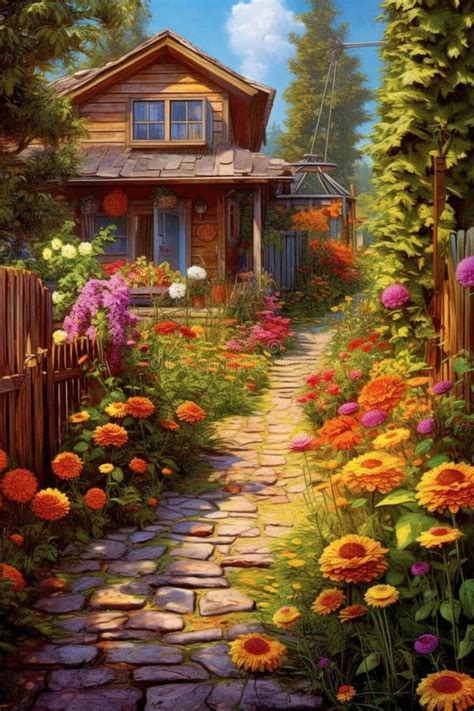 Beautiful Garden With Colorful Flowers And Pathways Stock Illustration