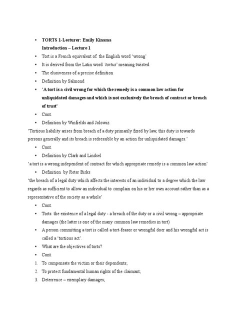 Law Of Torts 1 Lecture Notes Pdf Tort Damages