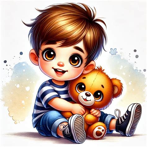 мальчик ребенок с игрушкой мишкой в 2025 г Мультипликационные рисунки Мультяшные рисунки