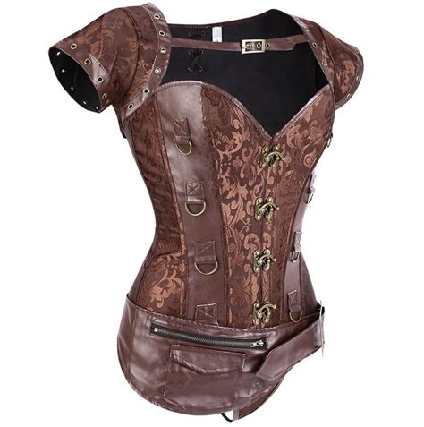Brown Button Retro Gothic 4 Piece Steel Boned Corset With Short Sleeve