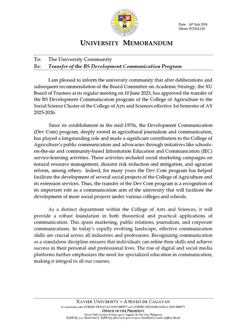 Xavier University Memo U2324 110 Transfer Of The Bs Development Communication Program
