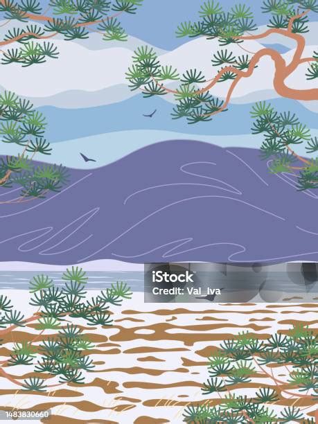 산 눈 덮인 들판 소나무 가지 날아다니는 새가 있는 단순한 풍경 강에 대한 스톡 벡터 아트 및 기타 이미지 강 겨울 경관 Istock