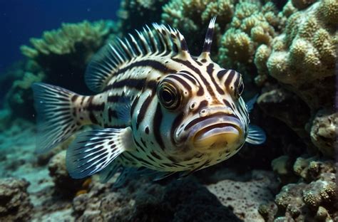 Striped Burrfish At Sea Premium Ai Generated Image