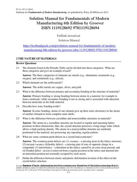 Solution Manual For Fundamentals Of Modern Manufacturing 6th Edition By Groover Isbn 1119128692