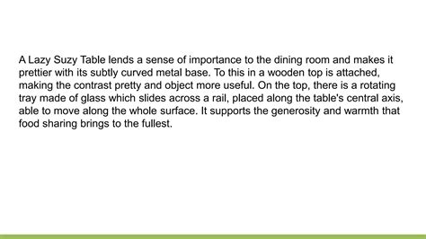Features Of Lazy Suzy Table Ppt