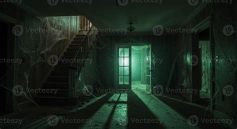 Spooky Haunted Abandoned House Interior With Cobwebs Staircase And