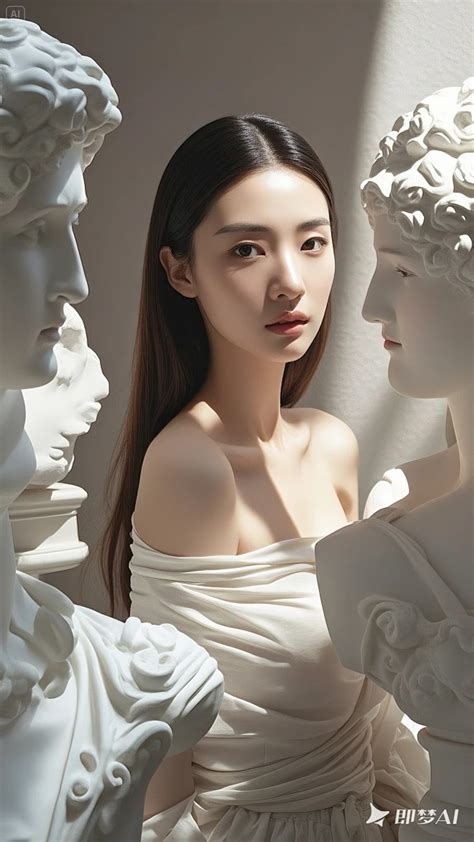 模特，亚洲女性，石膏像背景，以美之名，丁达尔光线，面部细节放大、纯色背景。 1 花瓣网