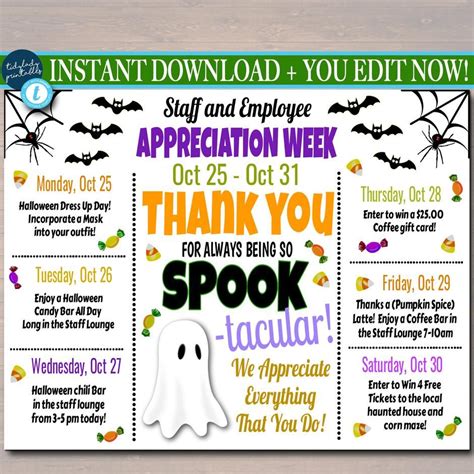 Halloween Theme Appreciation Week Itinerary Poster Editable Template