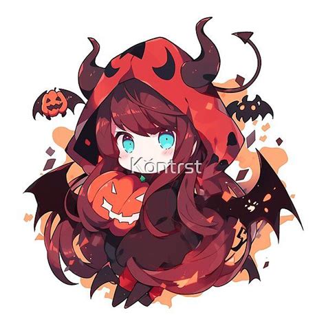 Red Hooded Demon Girl Sticker Chibi Holding Pumpkin By Kontrst