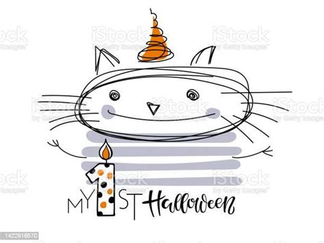흰색 배경에 내 1 번째 할로윈 레터링 기호 축제 모자가있는 선형 고양이 아기 할로윈을위한 축하 인용문 할로윈 스케치 축제 가정 장식 초대장 선물을위한 벡터 일러스트 레이