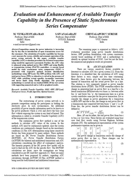Evaluation And Enhancement Of Available Transfer Capability In The Presence Of Static