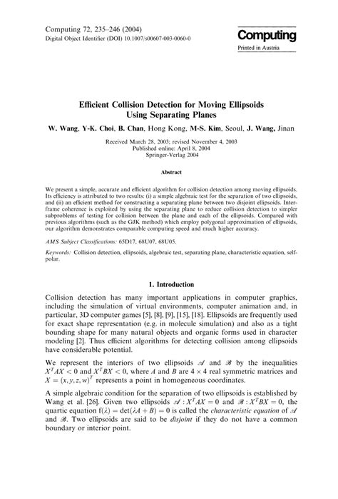 Pdf Efficient Collision Detection For Moving Ellipsoids Using Separating Planes