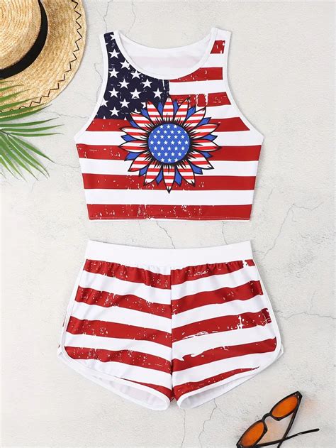 Flag Floral Print Tankini Round Neck High Stretch Boxer Temu Australia