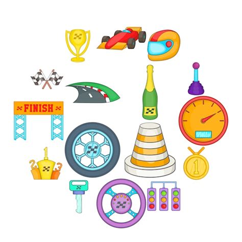 자동차 경주 아이콘 세트 만화 스타일 프리미엄 벡터