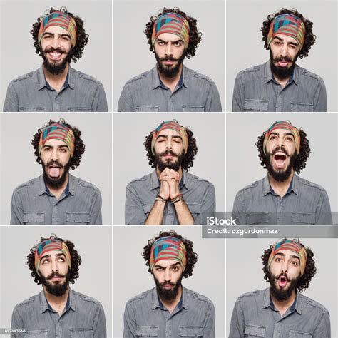 젊은 남자 인물 사진 이미지보정범위 대한 다양한 감정과 회색 배경 다중 이미지에 대한 스톡 사진 및 기타 이미지 다중 이미지 사람 얼굴 다양 Istock