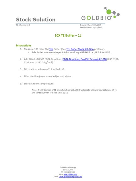 Te Buffer Stock Solution 10x Pdf