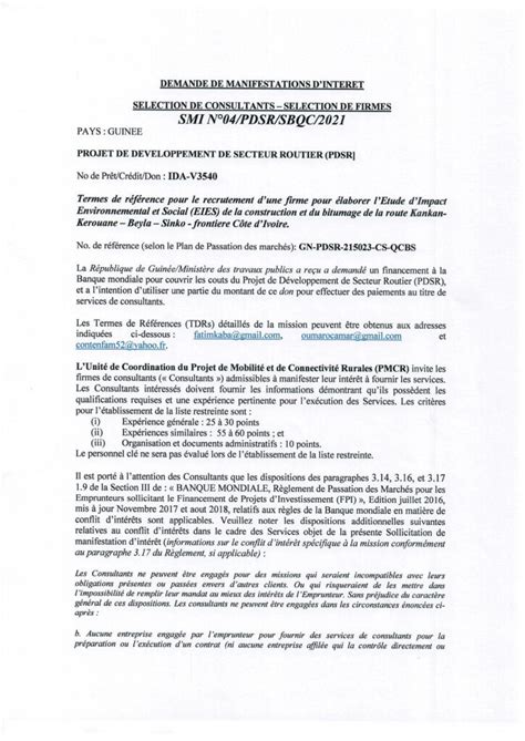 Avis de Recrutement dune Firme pour Elaborer dEtudes de Faisabilité Technico économiques de la