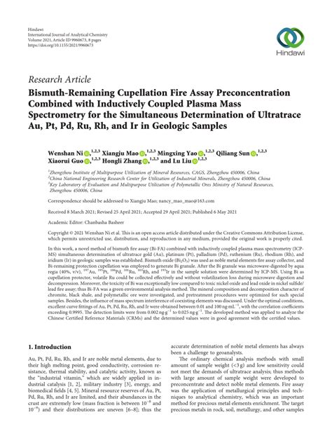 Pdf Bismuth Remaining Cupellation Fire Assay Preconcentration Combined With Inductively