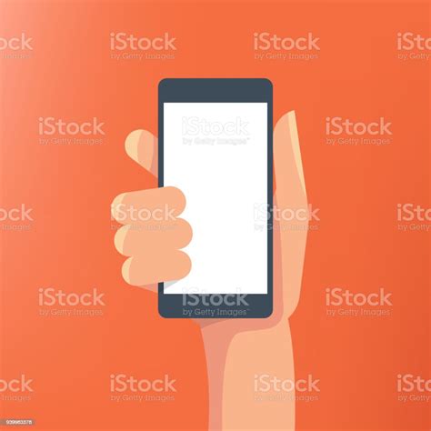 빨간색 배경에 스마트 휴대 전화를 들고 손입니다 평면 디자인 공란에 대한 스톡 벡터 아트 및 기타 이미지 공란 광고 만짐