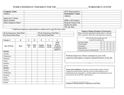 Work Experience Timesheet In Word And Pdf Formats